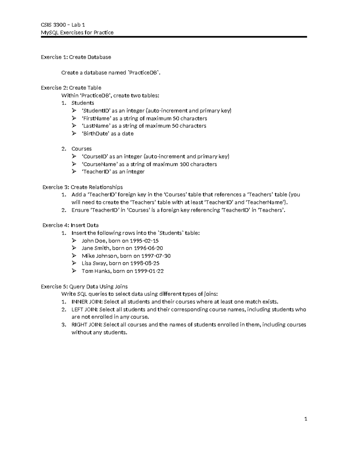 CSIS3300-Lab1 - CSIS 3300 – Lab 1 MySQL Exercises for Practice Exercise ...