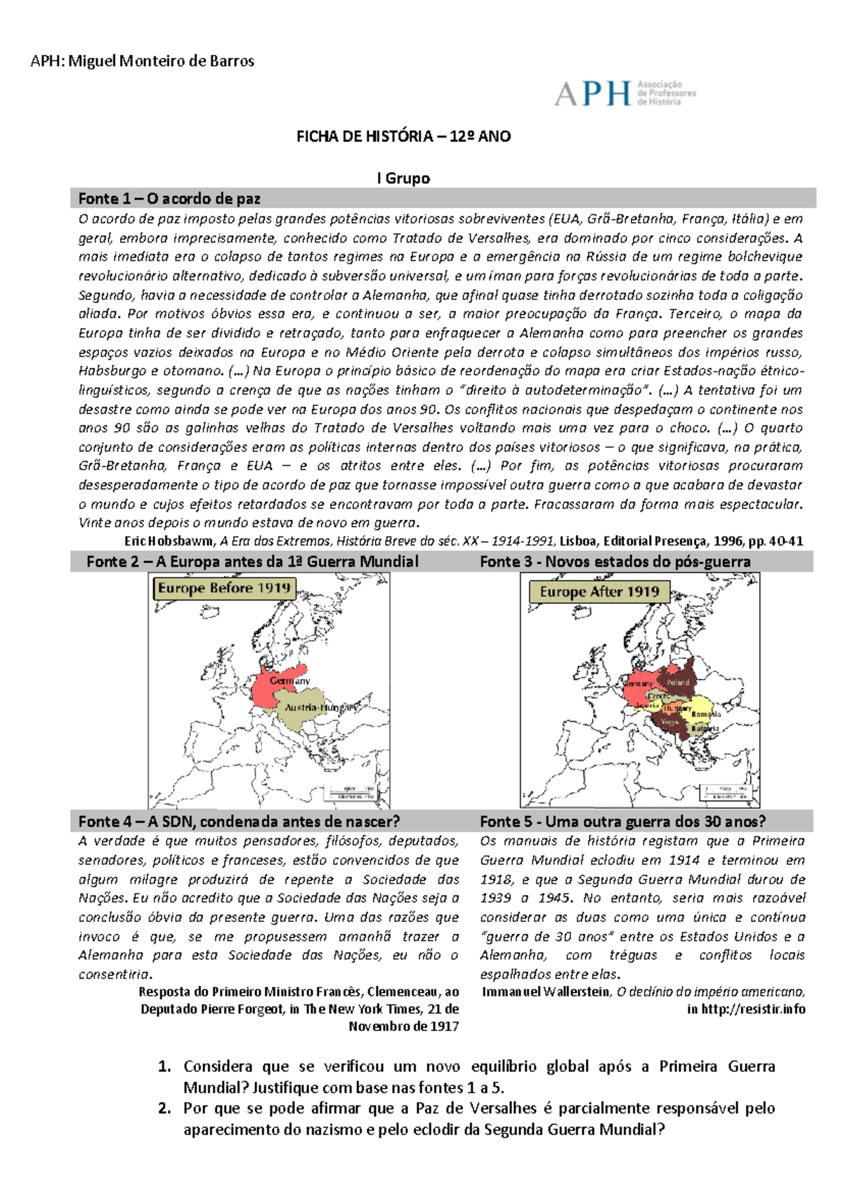 Ficha teste 2 - exercicios sobre o agudizar das tensões economicas ...