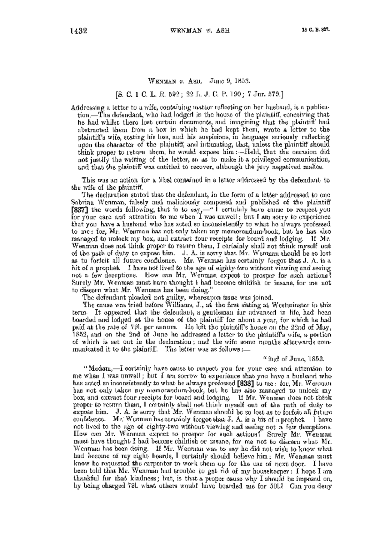 Wenman v Ash (1853) 138 ER 1432 - 1 4 3 2 WENMAN V. ASH 13C.B. WENMAN v ...