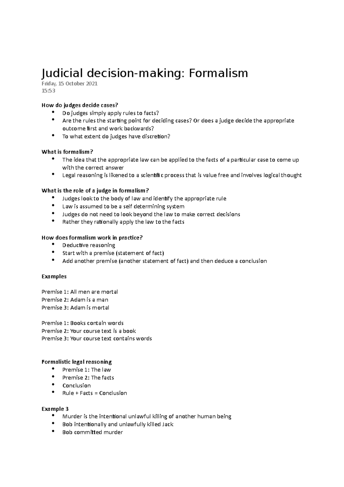 Law and society 8 - Judicial decision making: Formalism notes and ...