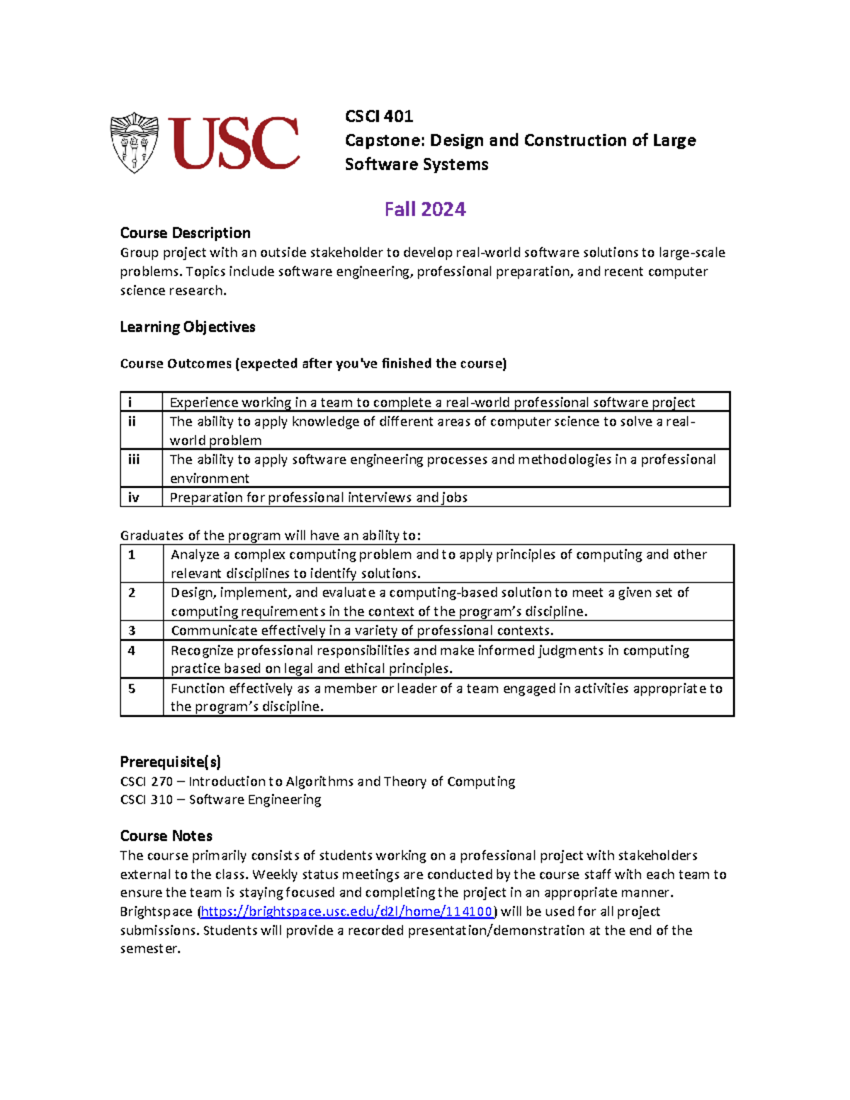 Syllabus 401 - CSCI 401 Capstone: Design and Construction of Large Software Systems Fall 2024 ...
