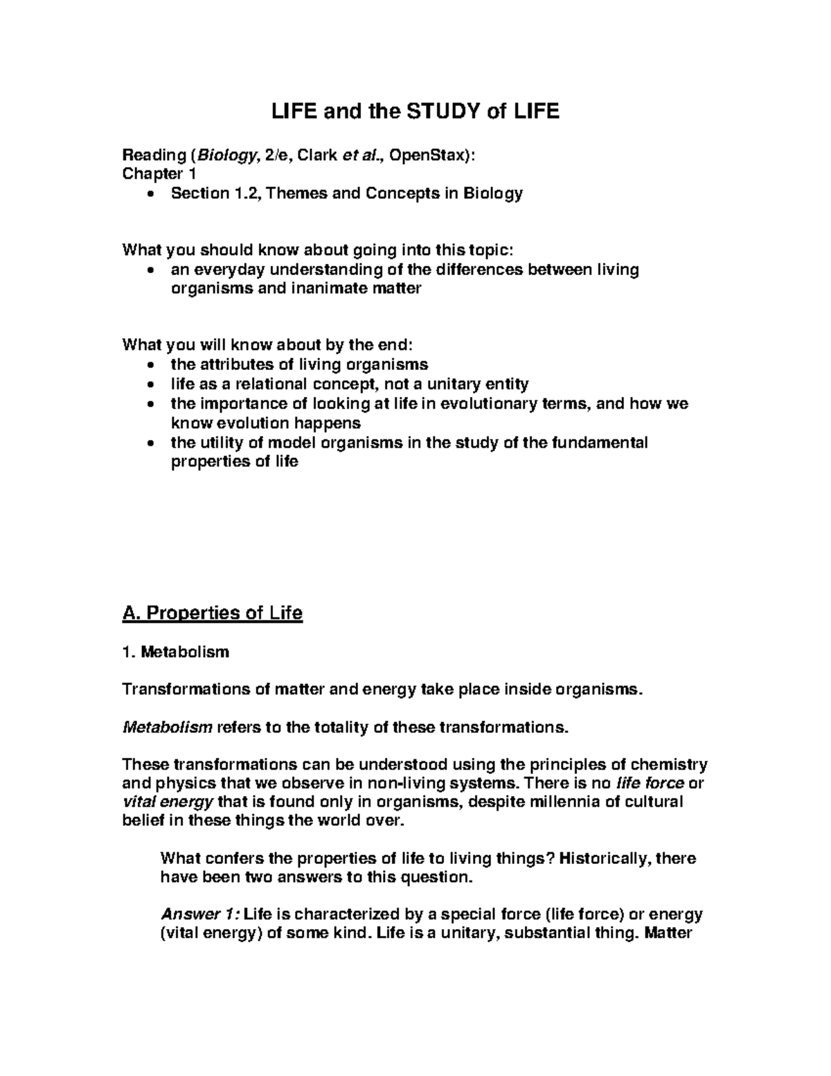 A02 - Life and the Study of Life, pdf 2023 - Reading (Biology, 2/e ...