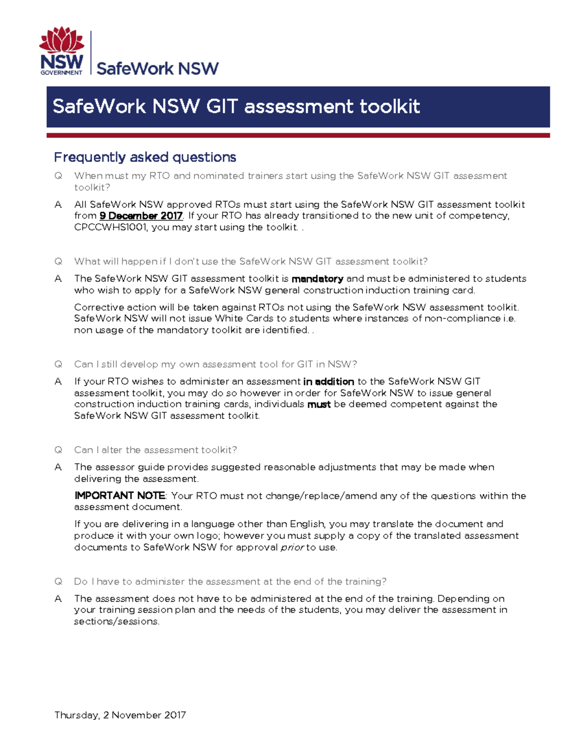Safe Work NSW GIT assessment toolkit - FAQs - 021117 - SafeWork NSW GIT ...