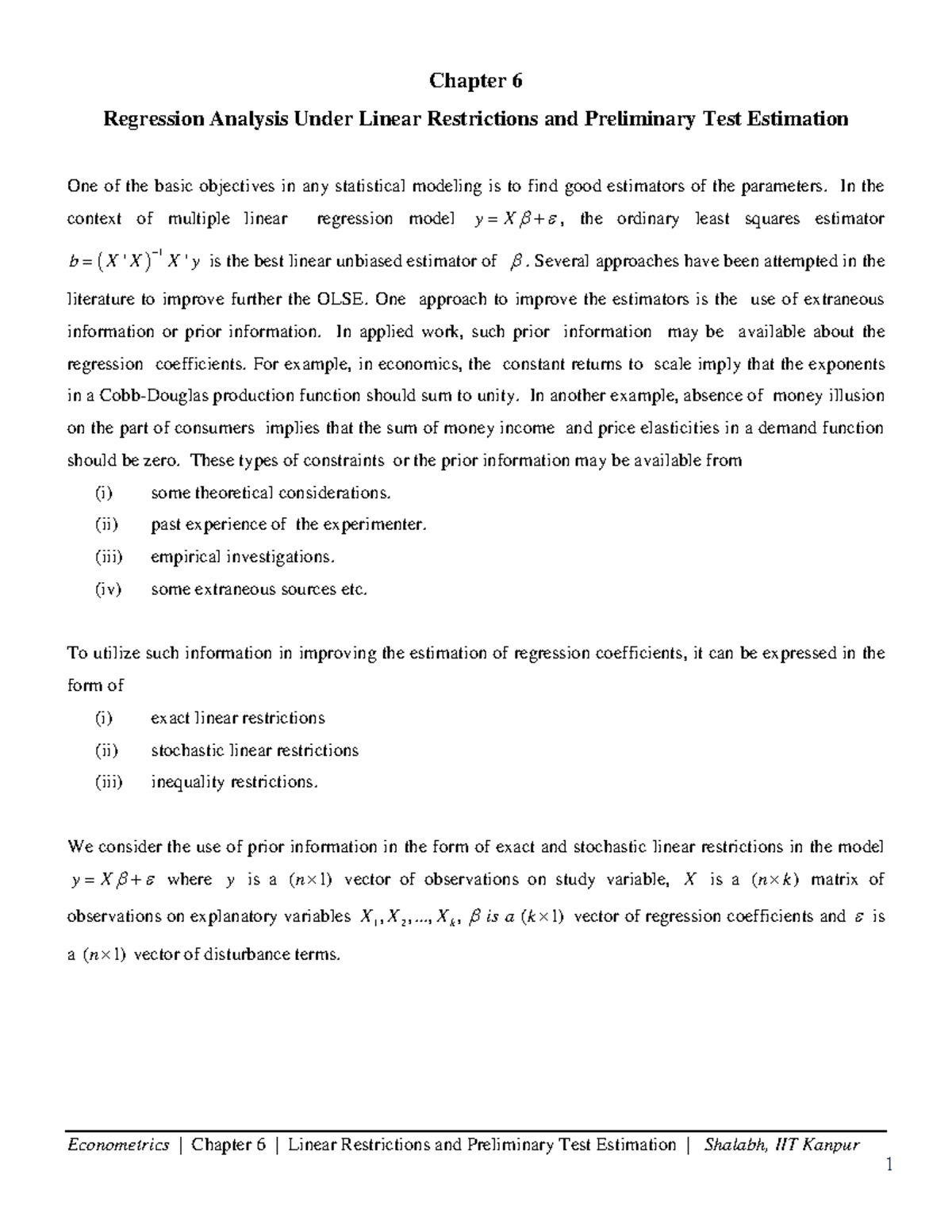 Chapter 6-Econometrics-Regression Analysis Under Linear Restrictions - Econometrics | Chapter 6 ...