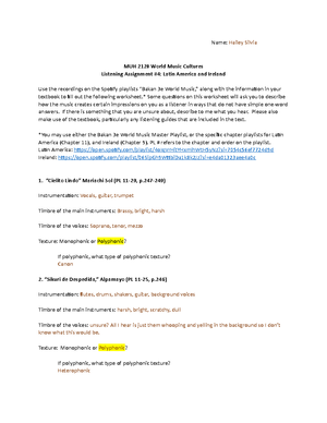 Listening assignment 2 - Name: Hailey Silvia MUH 2120 World Music ...