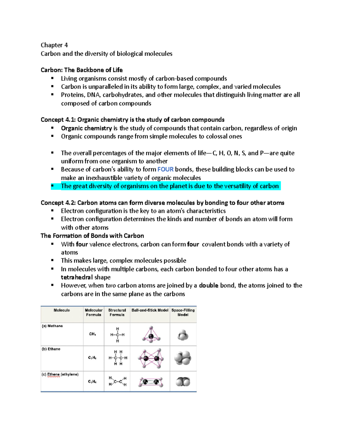 Bio notes chapter 4 - Chapter 4 Carbon and the diversity of biological ...