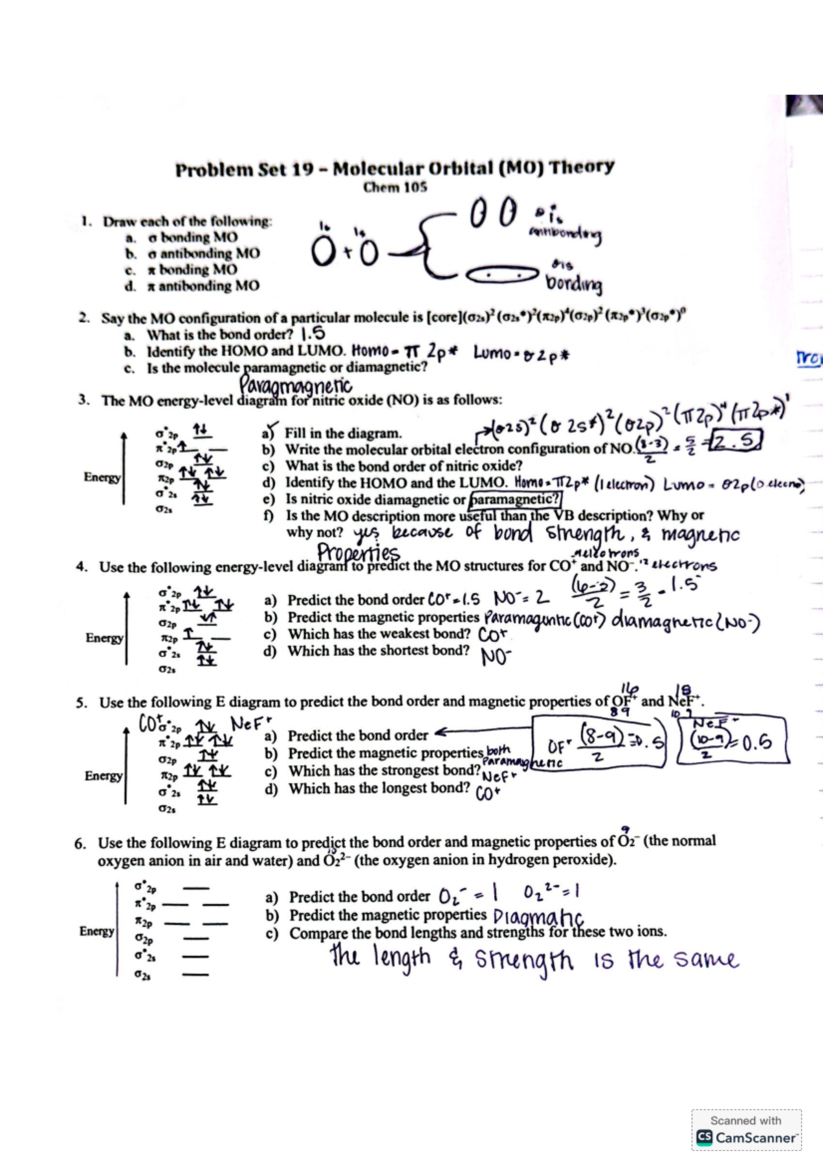 Ps 19 - practice homework - Problem Set 19 Molecular Orbital (MO ...