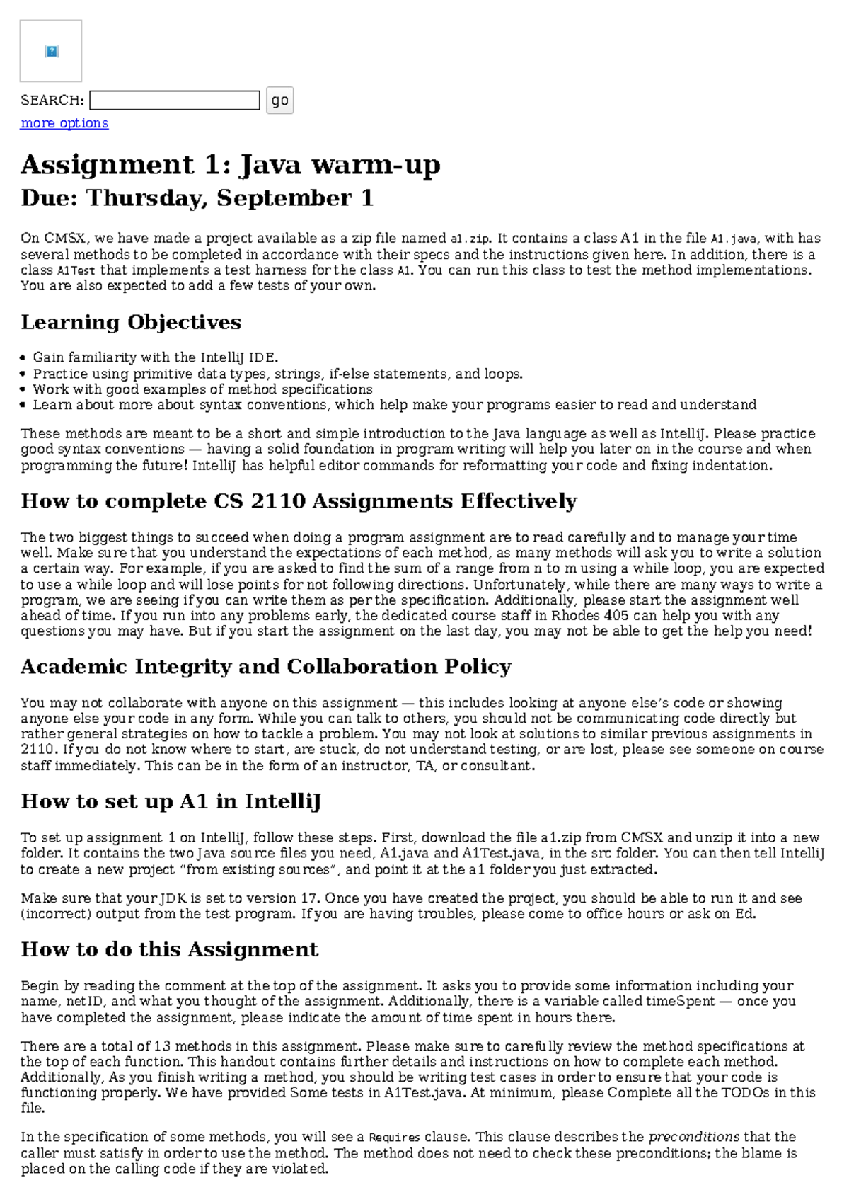 A1-2 - Assignment from CS 2112 taught by Professor Andrew Myers and ...