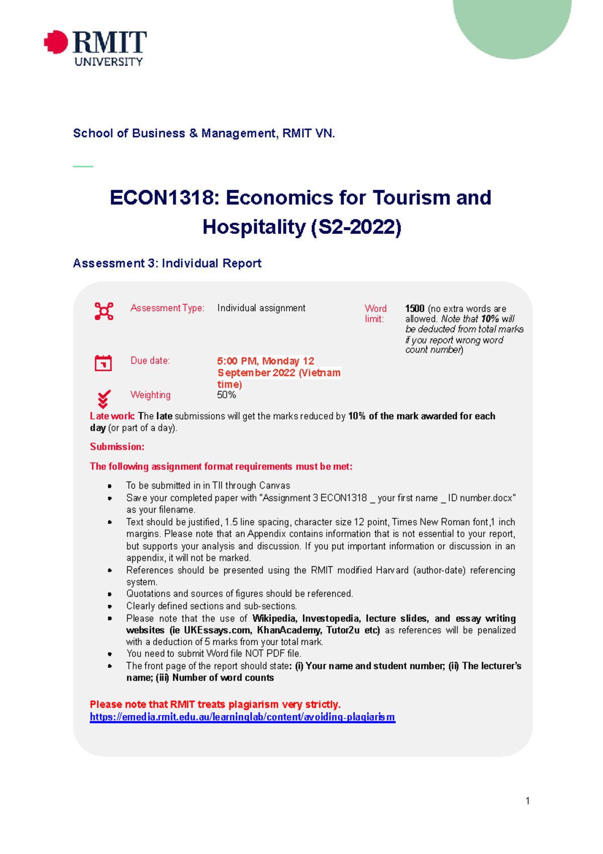 ECON1318 2022 B Individual Assessment Paper 50 marks-1 - RMIT ...