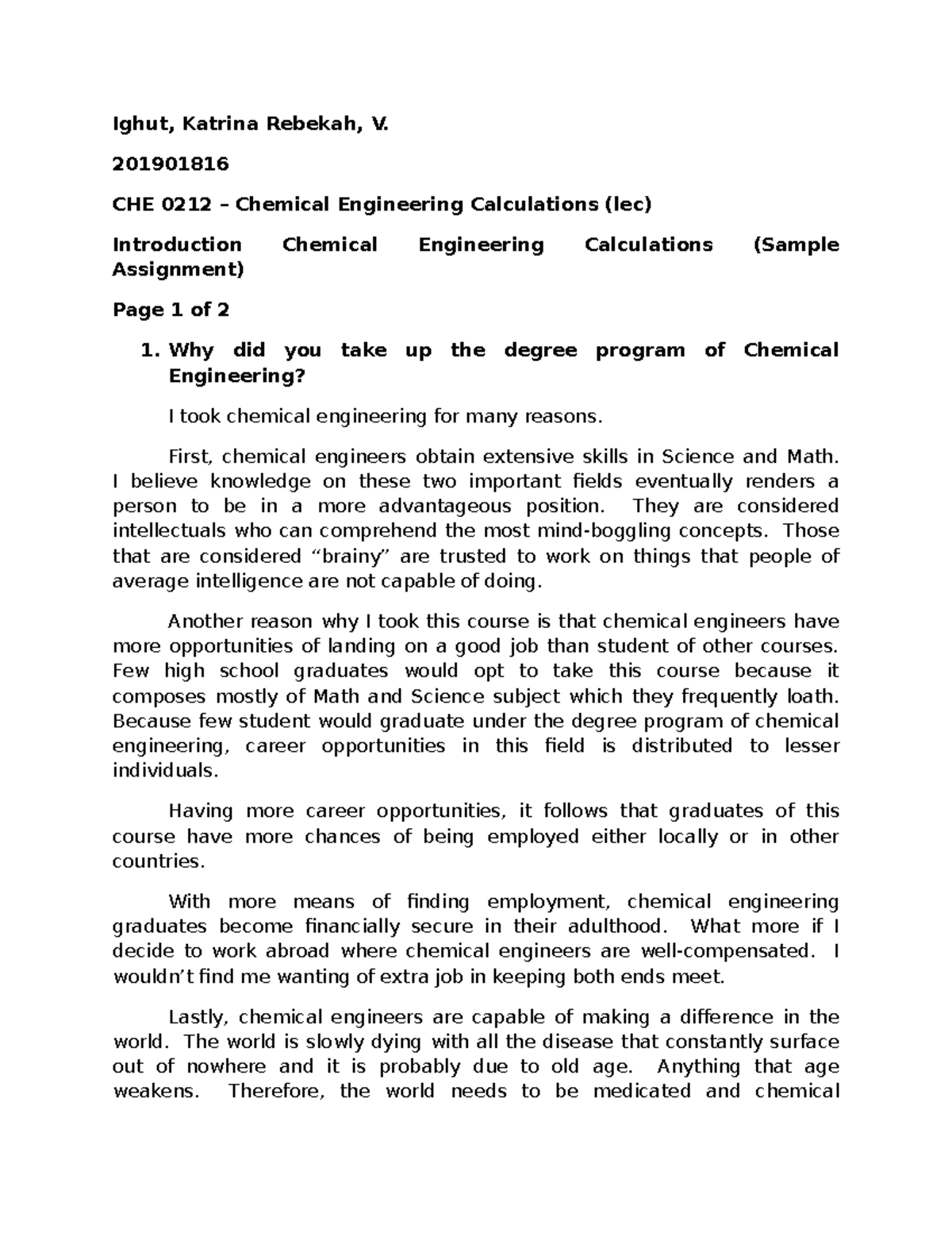 Chemical Engineering Course - Ighut, Katrina Rebekah, V. 201901816 CHE ...