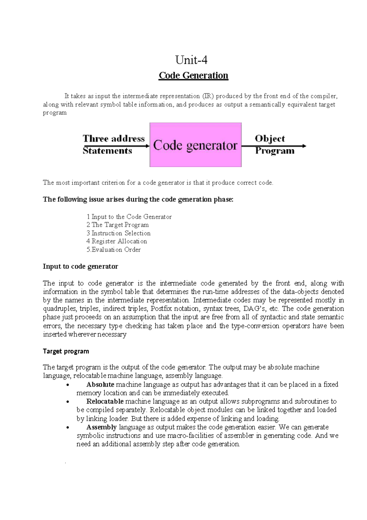 Unit-4 cd - Yes - Unit- Code Generation It takes as input the intermediate representation (IR ...