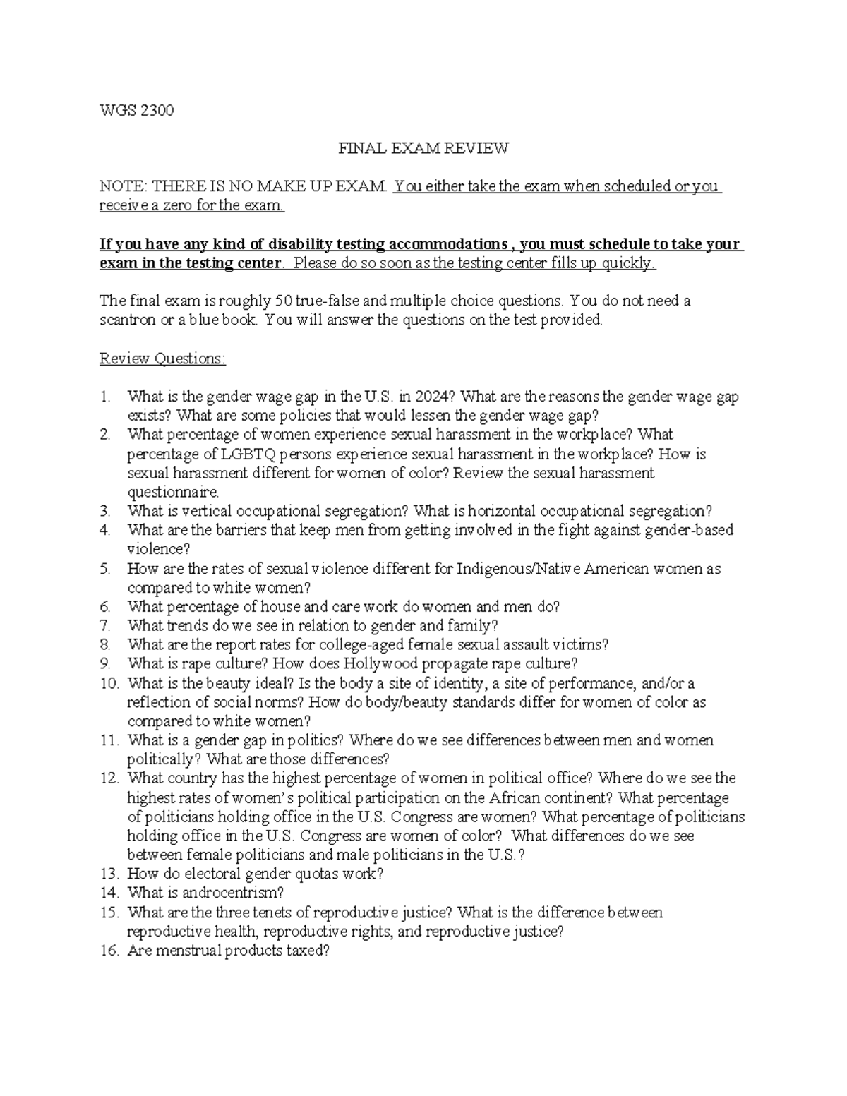 2300 Fall 2024 Final Exam Review - WGS 2300 FINAL EXAM REVIEW NOTE ...
