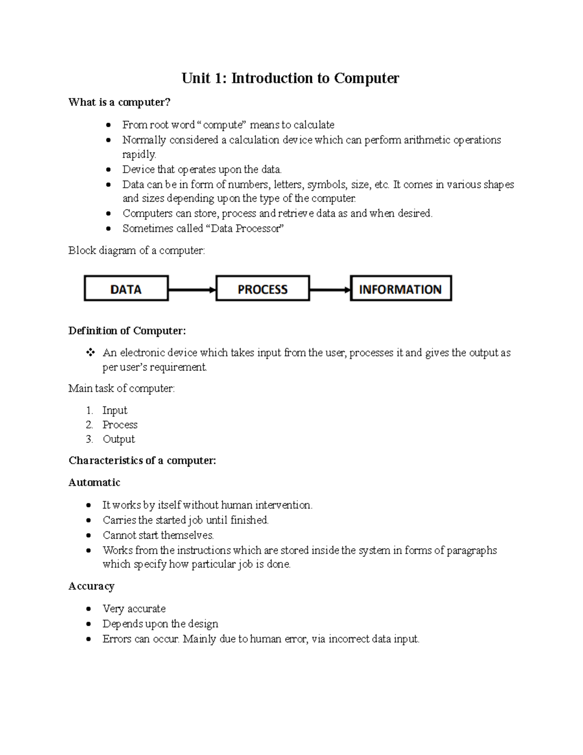 Chapter 1 Introduction to Computer - Unit 1: Introduction to Computer What is a computer? - From ...