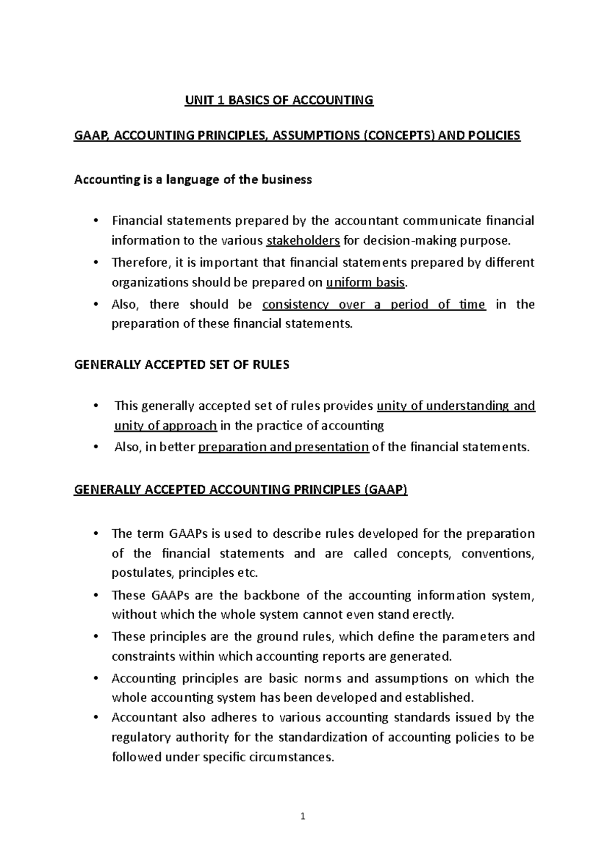 Sem1 FA1 Unit1 Basics of Accounting - UNIT 1 BASICS OF ACCOUNTING GAAP, ACCOUNTING PRINCIPLES ...