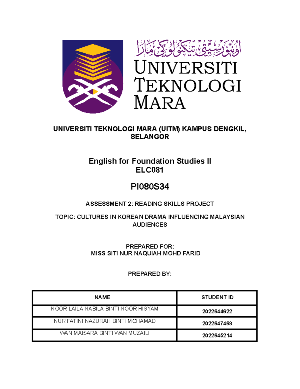 - elc081 labeling - UNIVERSITI TEKNOLOGI MARA (UITM) KAMPUS DENGKIL, SELANGOR English for ...