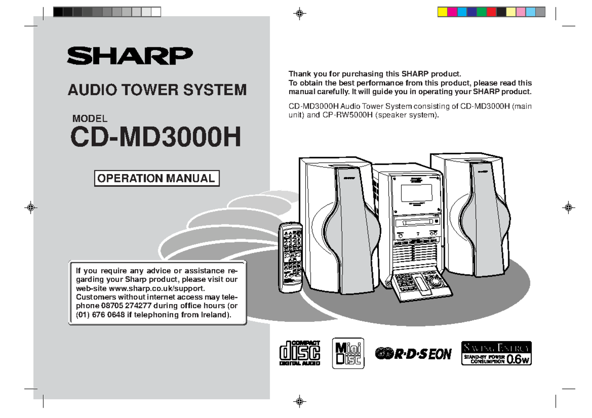 Sharp cd-md3000 user manual - unit) and CP-RW5000H (speaker system). CD-MD3000H Audio Tower ...
