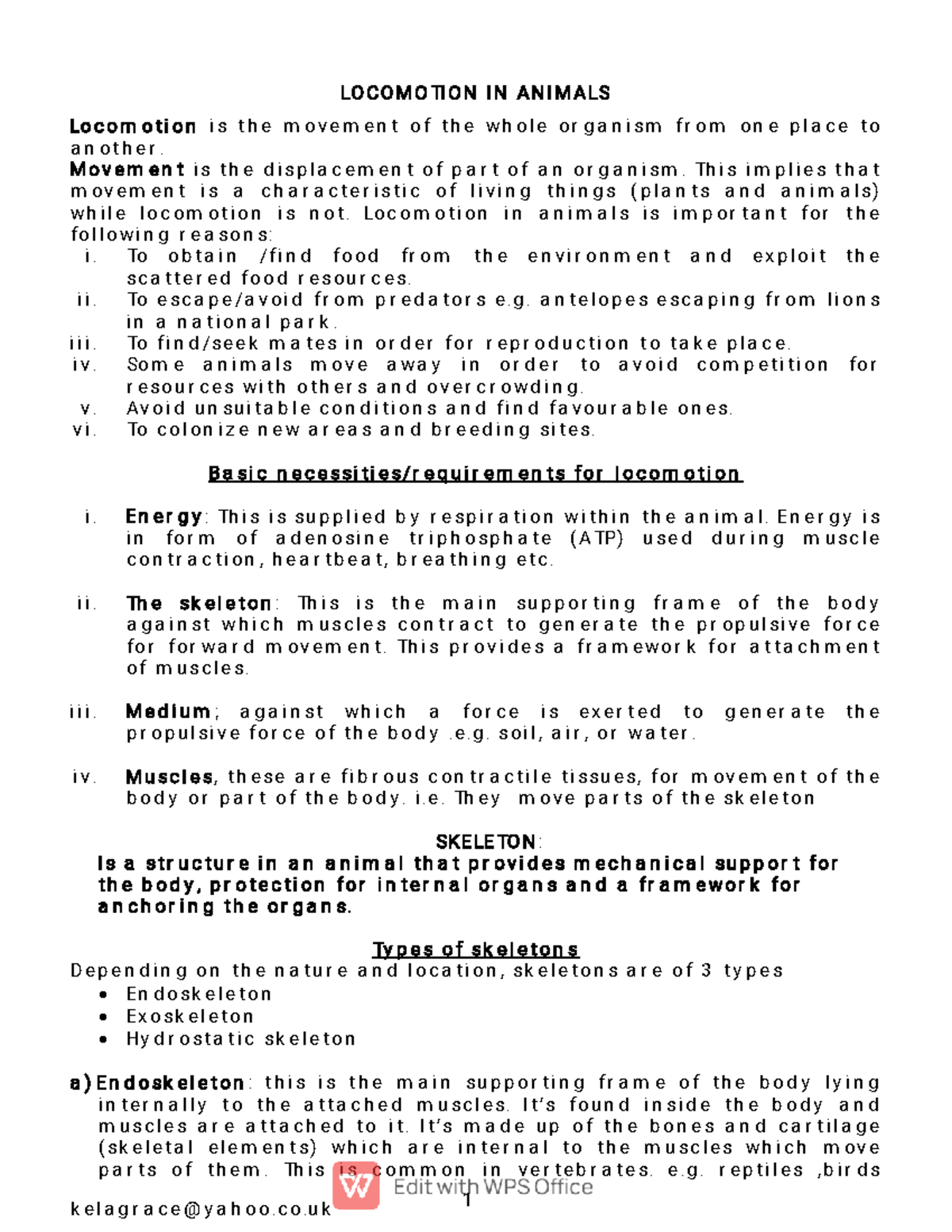 S3 Biologynotes 32021 - Study notes - LOCOMOTION IN ANIMALS Locom otion ...