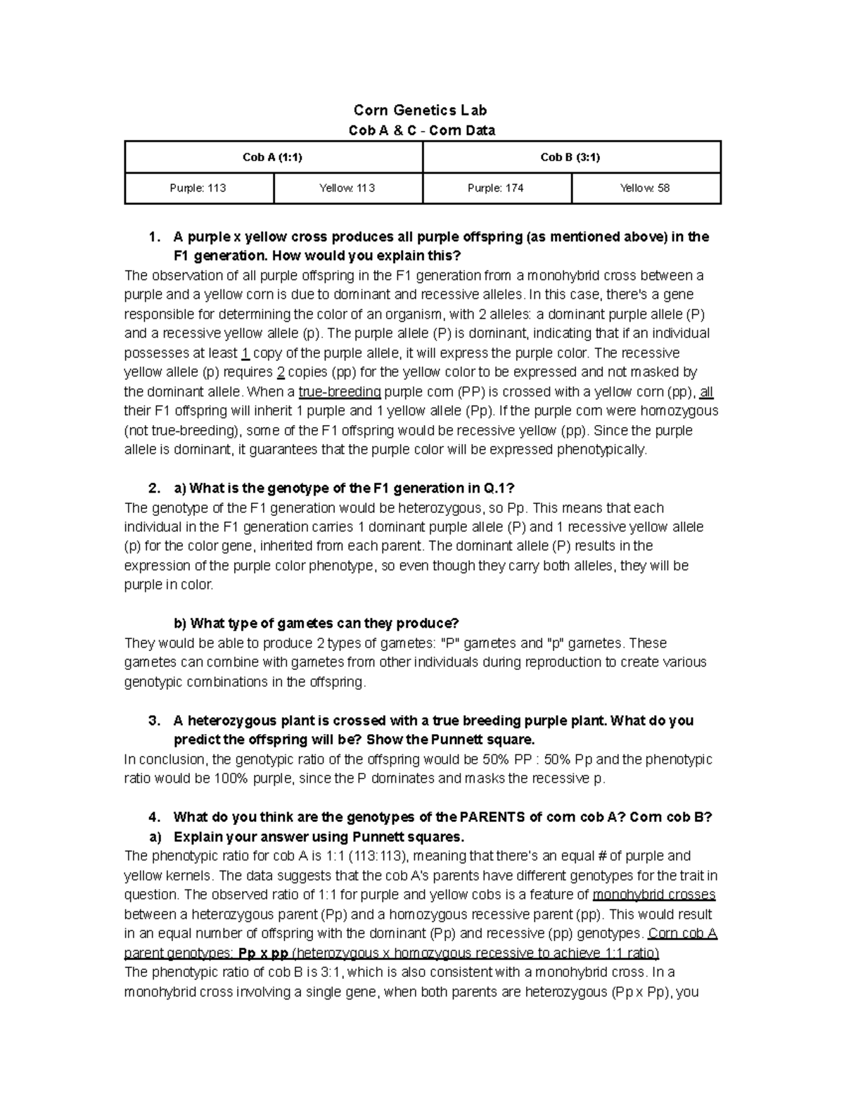 Corn Genetics Lab - Corn Genetics Lab Cob A & C - Corn Data Cob A (1:1 ...
