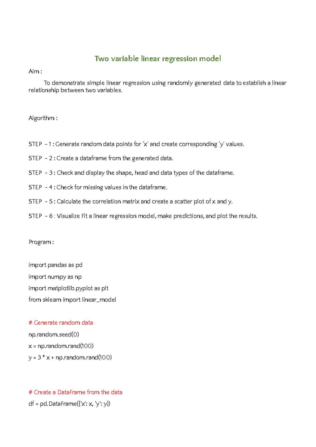 Two variable linear regression model - Algorithm : STEP - 1 : Generate random data points for ‘x ...