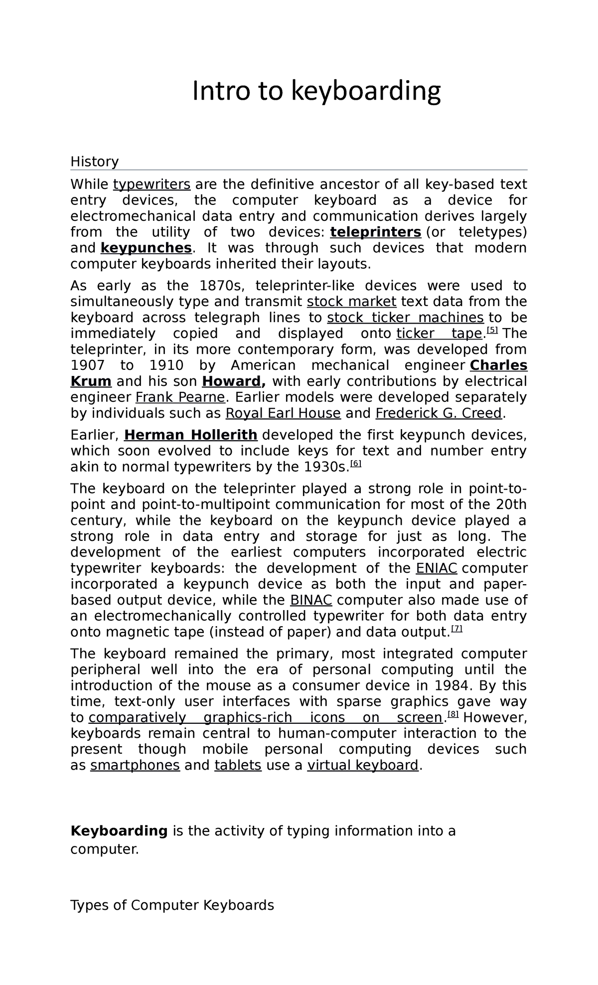 Intro-to-keyboarding - Intro to keyboarding History While typewriters ...