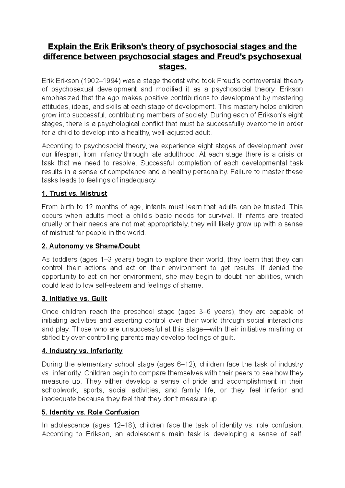 Erikson's theory vs Freud's theory - Explain the Erik Erikson’s theory ...