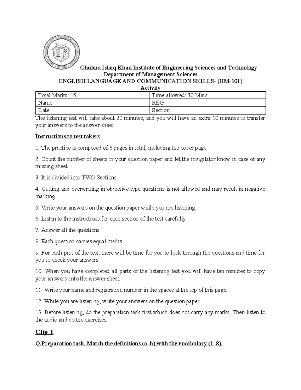Listening Practice HM 101 (1) - Copy - Ghulam Ishaq Khan Institute of ...