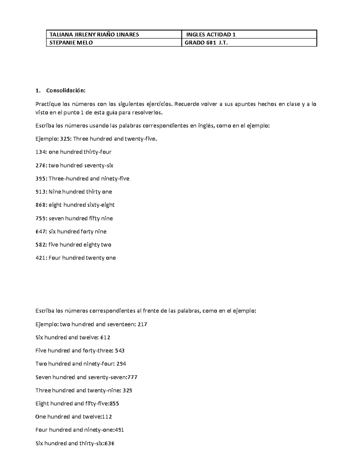 Actividad 1 Ingles - vervos - TALIANA JIRLENY RIA—O LINARES INGLES ACTIDAD 1 STEPANIE MELO GRADO ...