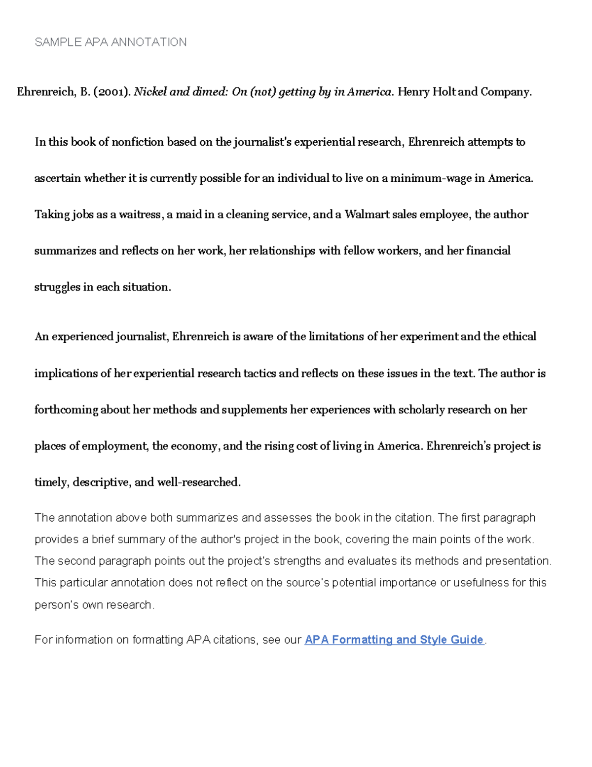 Sample APA Annotation - SAMPLE APA ANNOTATION Ehrenreich, B. (2001 ...