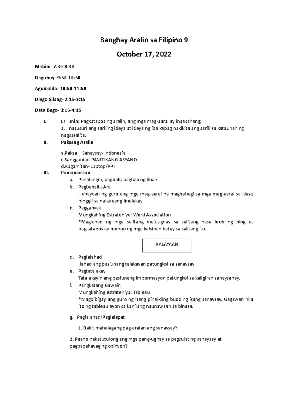 Banghay Aralin sa Filipino 9 October 17-28 - Layunin: Pagkatapos ng ...