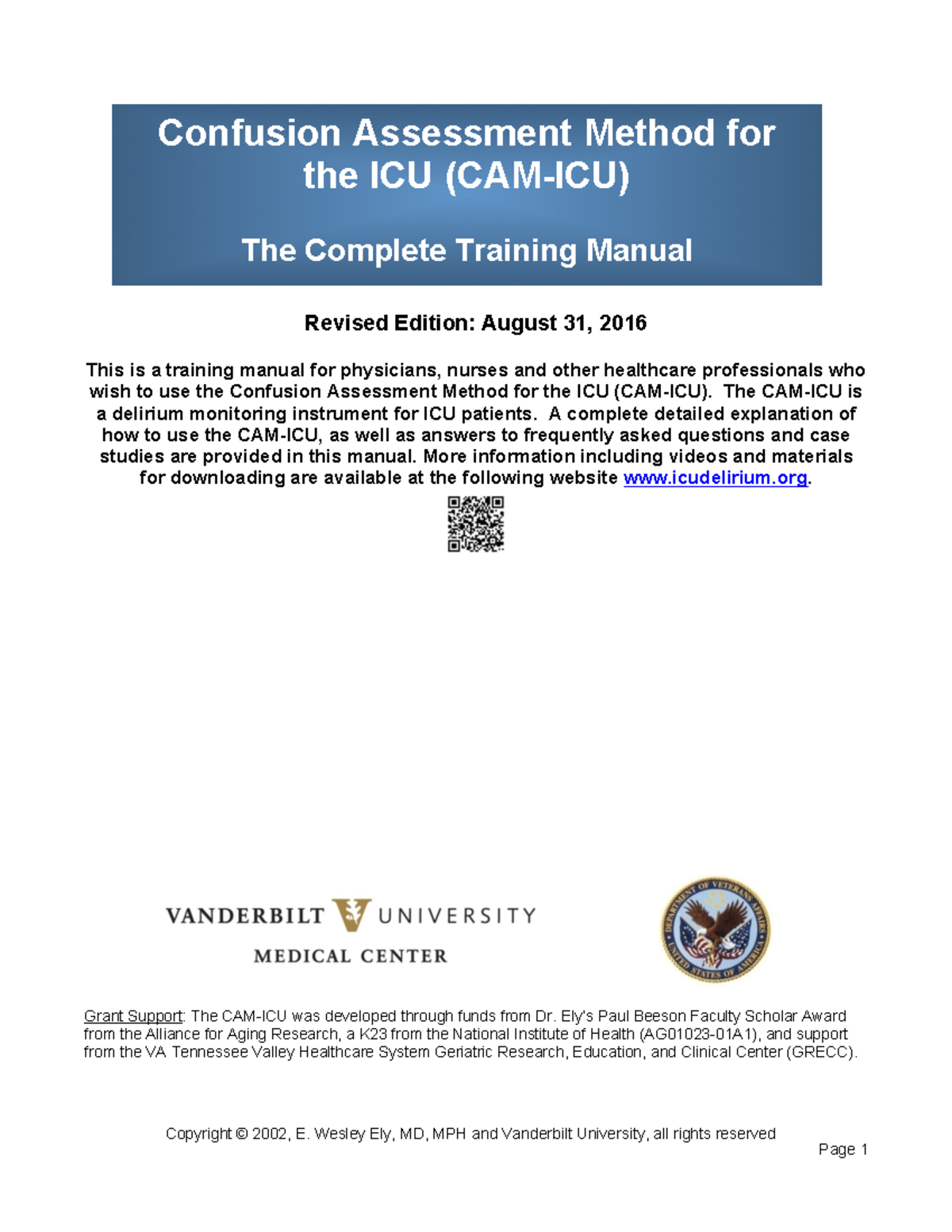 CAM ICU training manual - Revised Edition: August 31, 2016 This is a ...