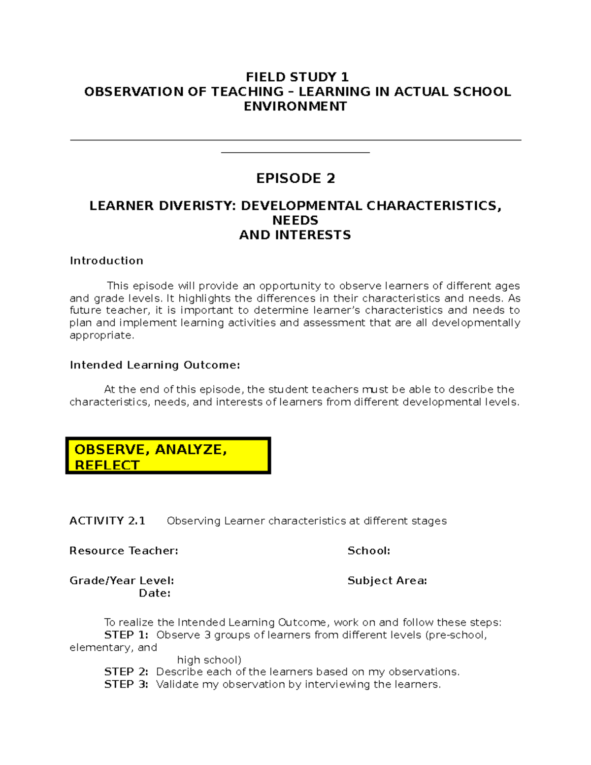 FS1 Episode 2updatedcopy - FIELD STUDY 1 OBSERVATION OF TEACHING ...
