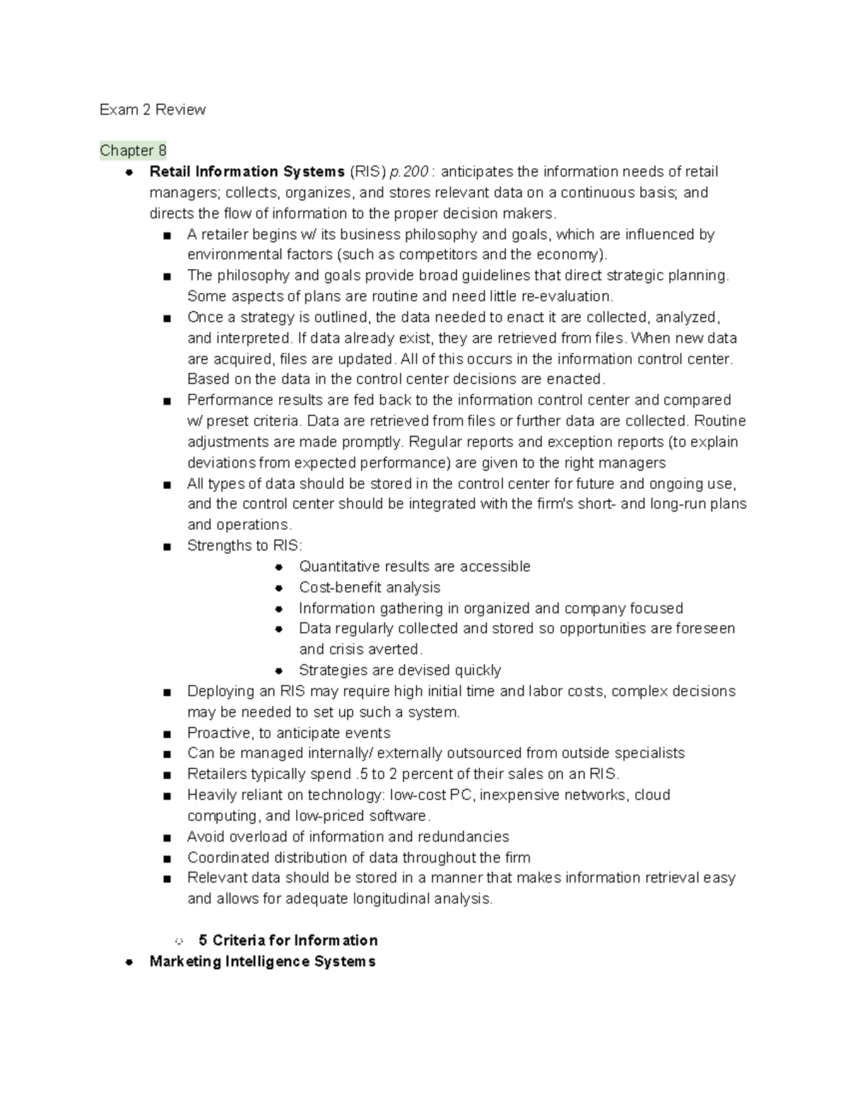 Retail Study Guide 2 - Exam 2 Review Chapter 8 Retail Information ...