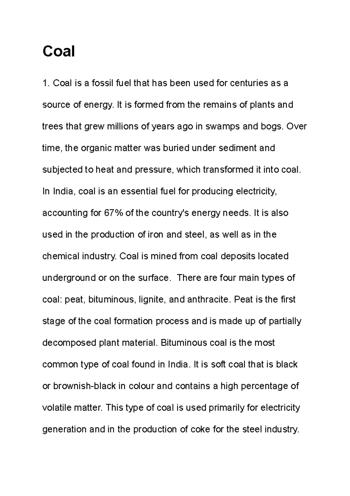Coal - Notes - Coal Coal is a fossil fuel that has been used for ...