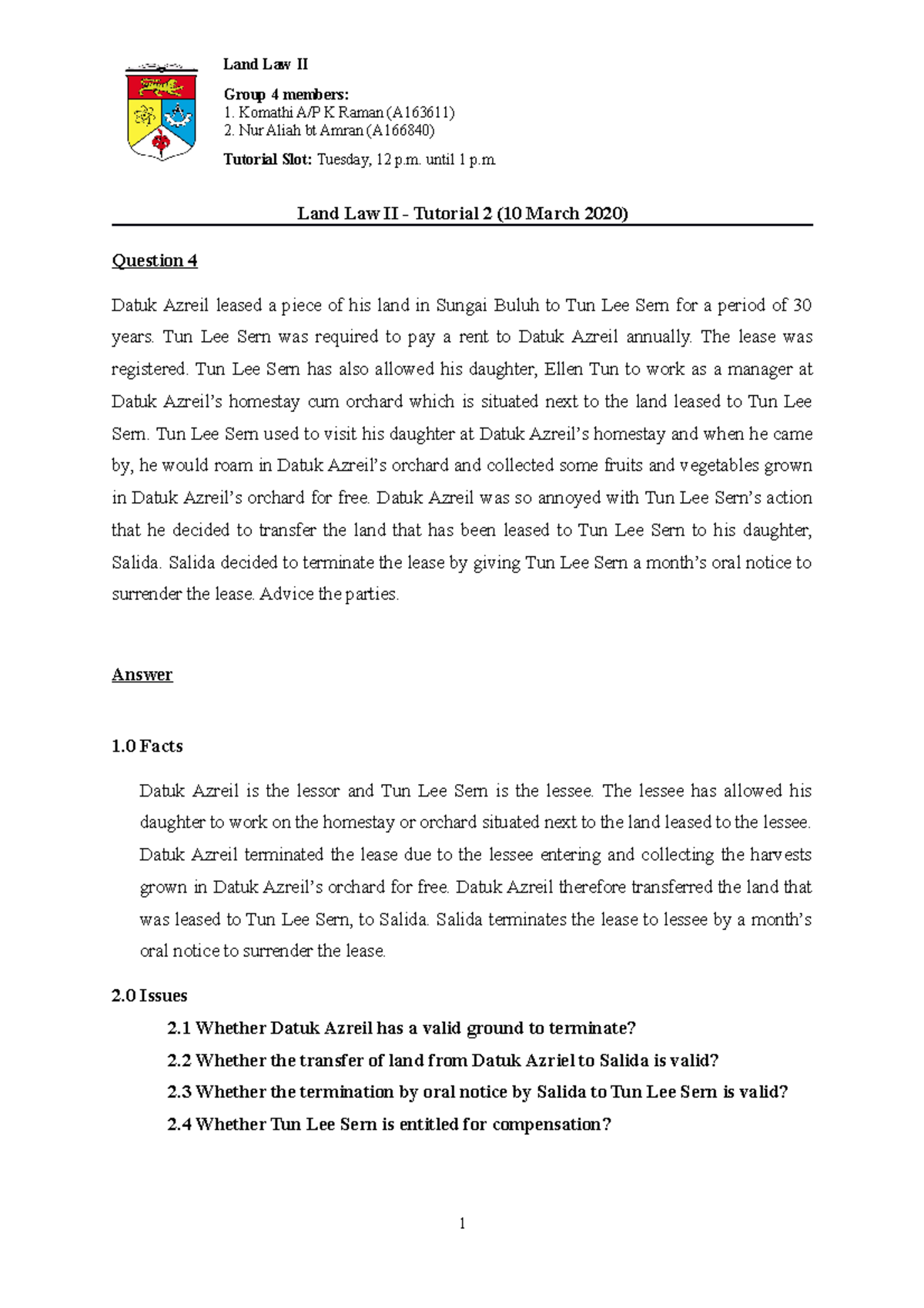 Land Law Ii Tutorial 2 Answer Group 4 Members Komathi A P K Raman