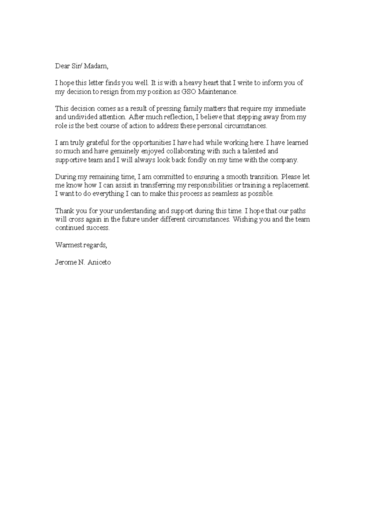 Dear Sir - resignation - Dear Sir/ Madam, I hope this letter finds you ...