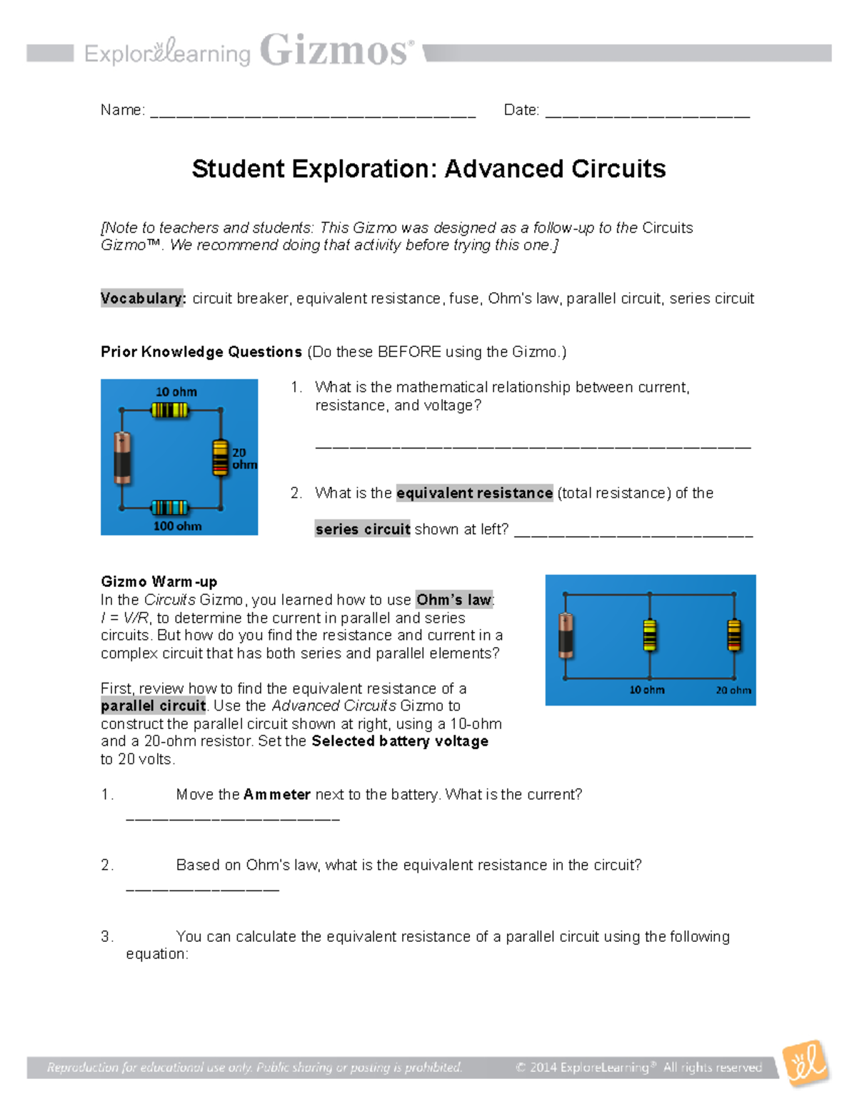 Advanced Circuits SE - Science - Name: ______________________________________ Date: - Studocu