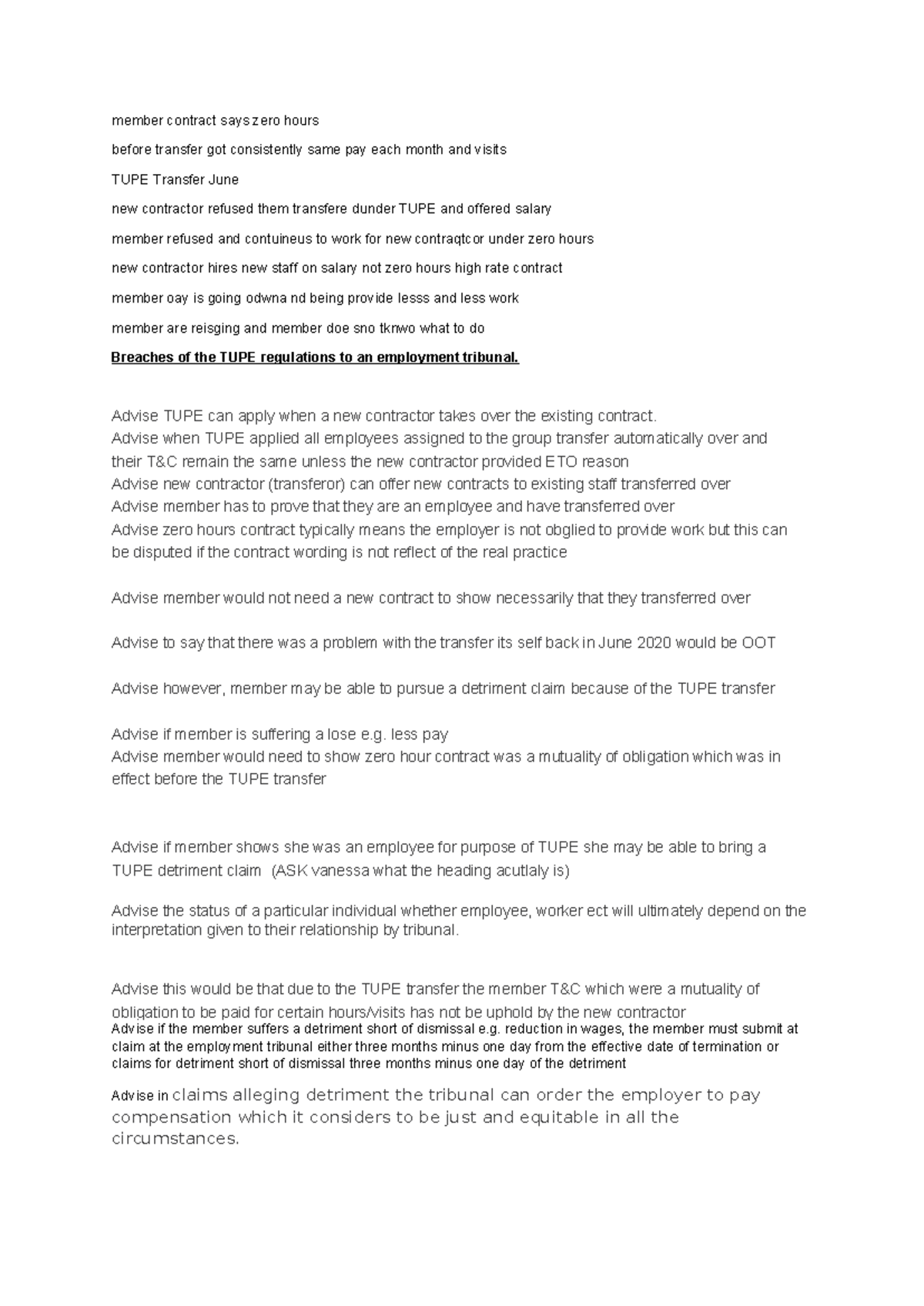 Tupe - TUPE notes - member contract says zero hours before transfer got ...