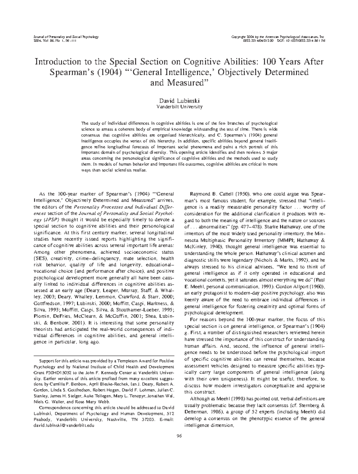 David Lubinsky- Spearman JPSP - Introduction to the Special Section on ...