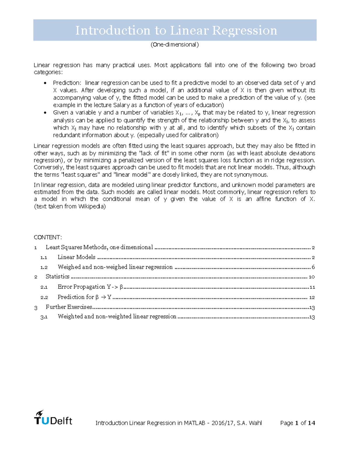 Matlab Lineair Regression - handleiding - Introduction to Linear ...