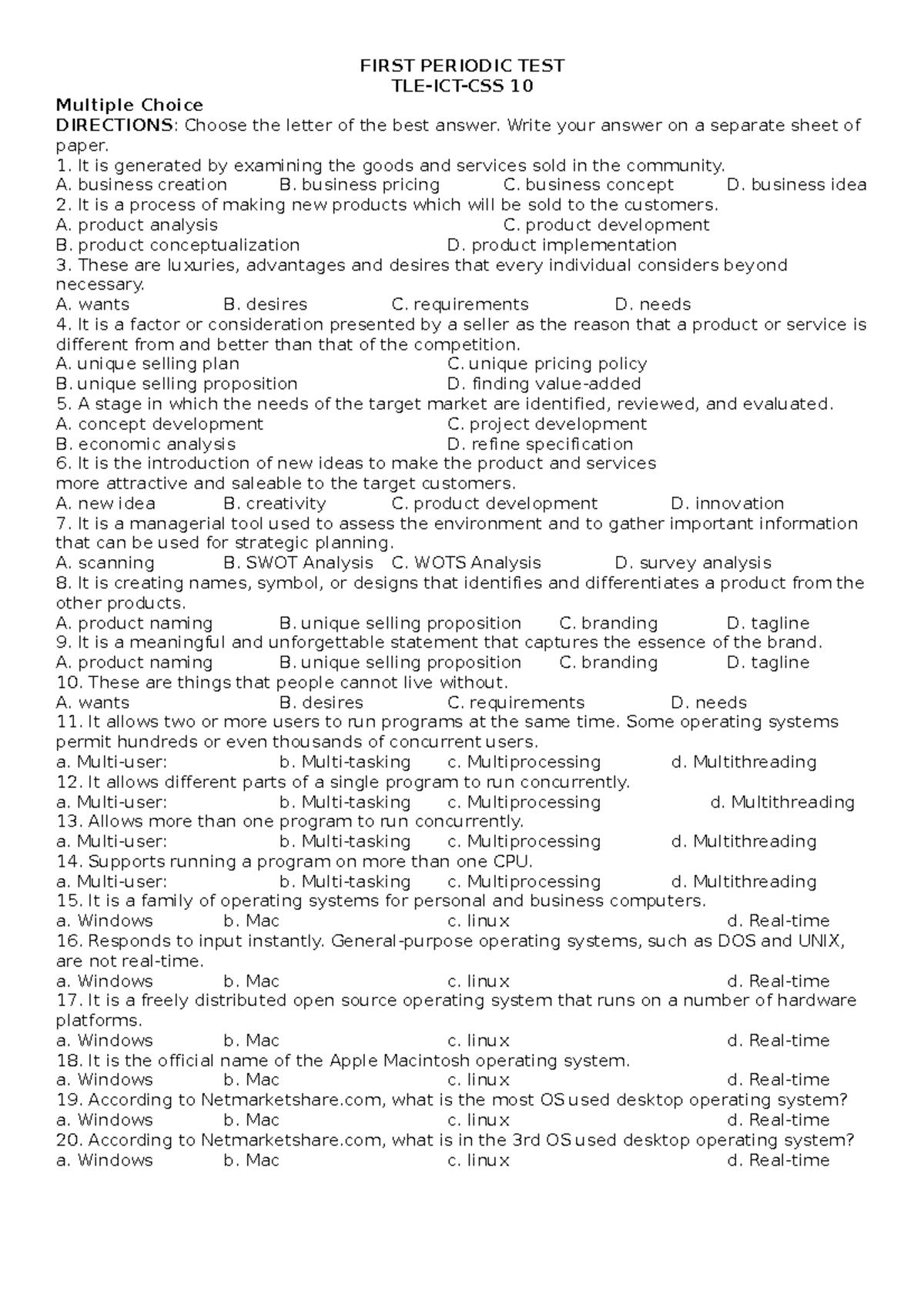 First periodical test - FIRST PERIODIC TEST TLE-ICT-CSS 10 Multiple ...