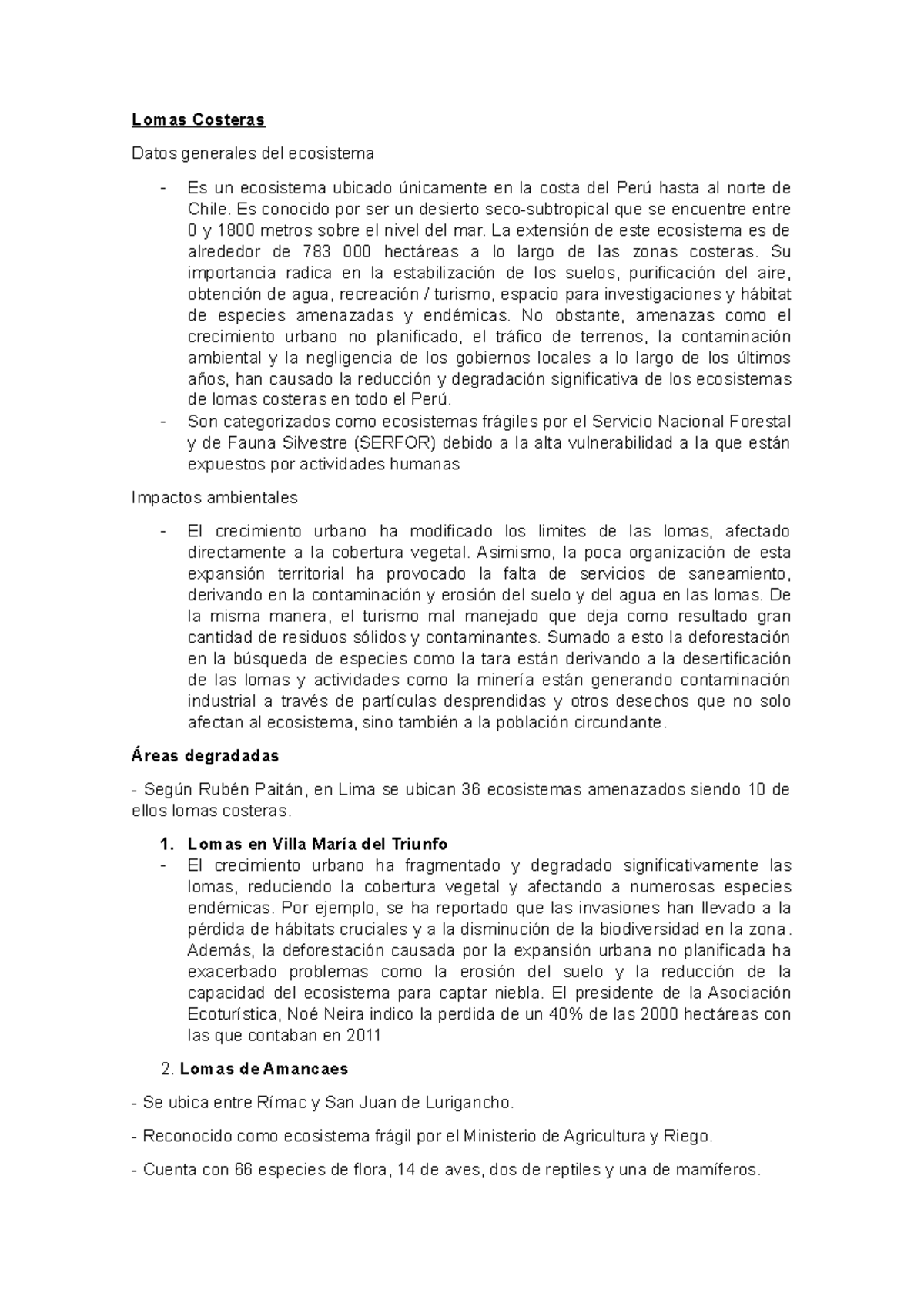 Lomas Costeras - Informacion sobre el ecosistema - Lomas Costeras Datos ...
