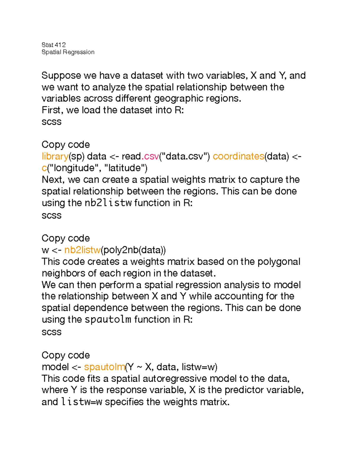 412 S - Module Review - Stat 412 Spatial Regression Suppose we have a ...
