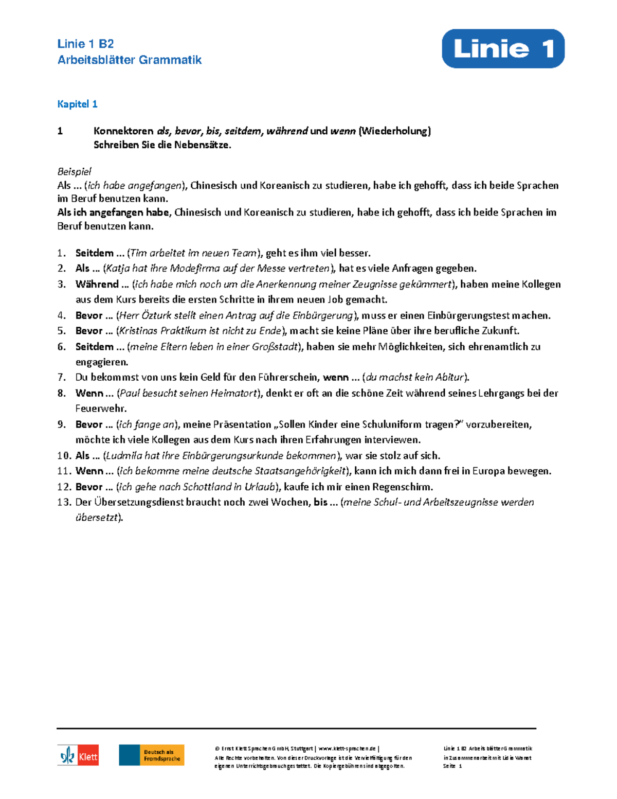 Linie B2 Grammatik - Daf - Arbeitsblätter Grammatik © Ernst Klett Sprachen GmbH, Stuttgart ...