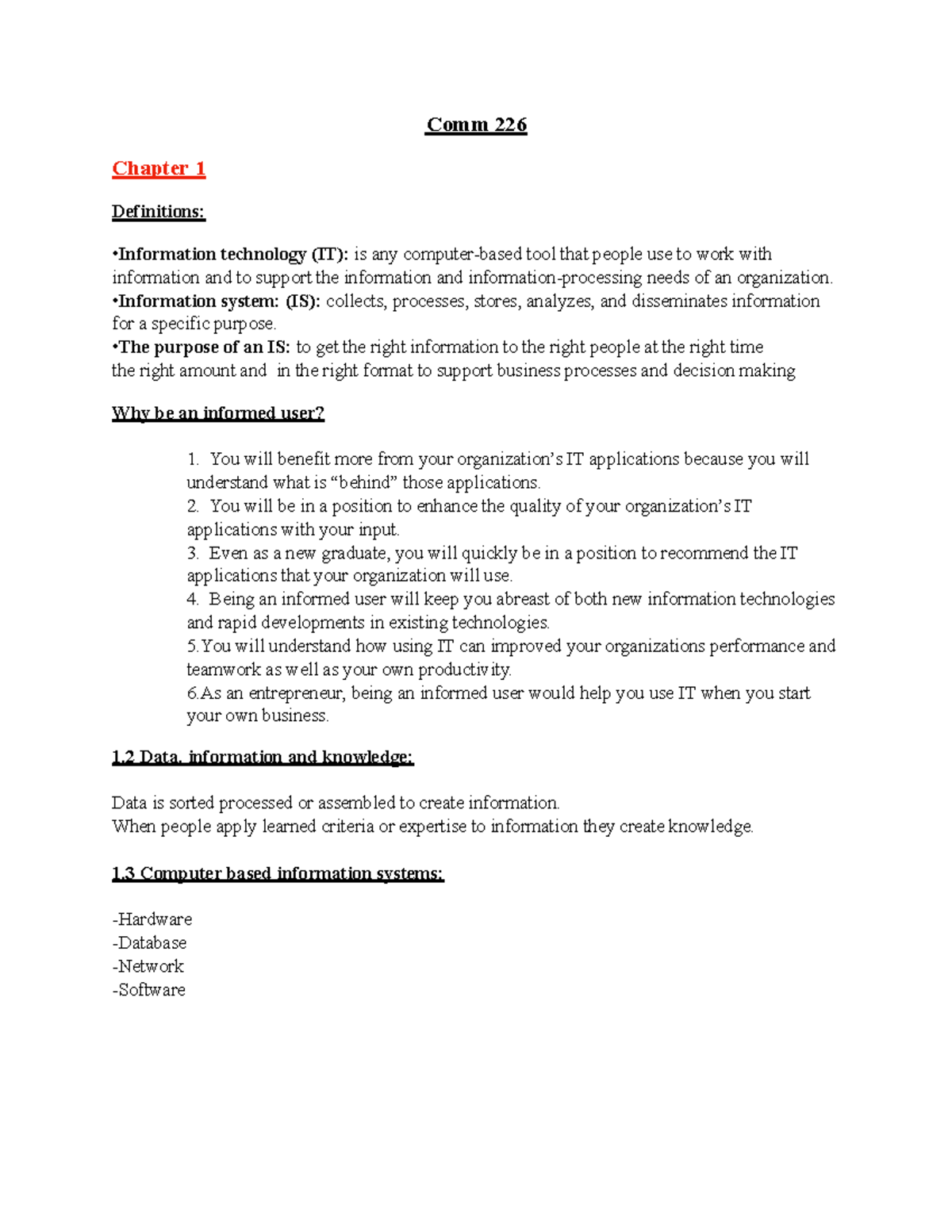 Comm226 - Lecture notes Chapter 1 to 6 - Comm 226 Chapter 1 Definitions ...
