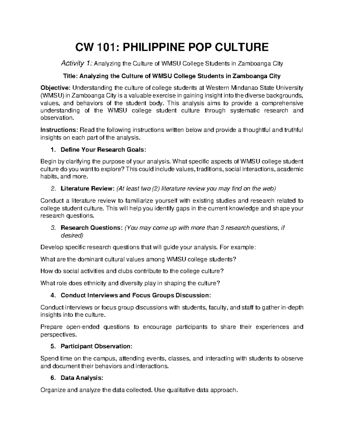 Activity 1 PHIL POP Culture - CW 101: PHILIPPINE POP CULTURE Activity 1 ...