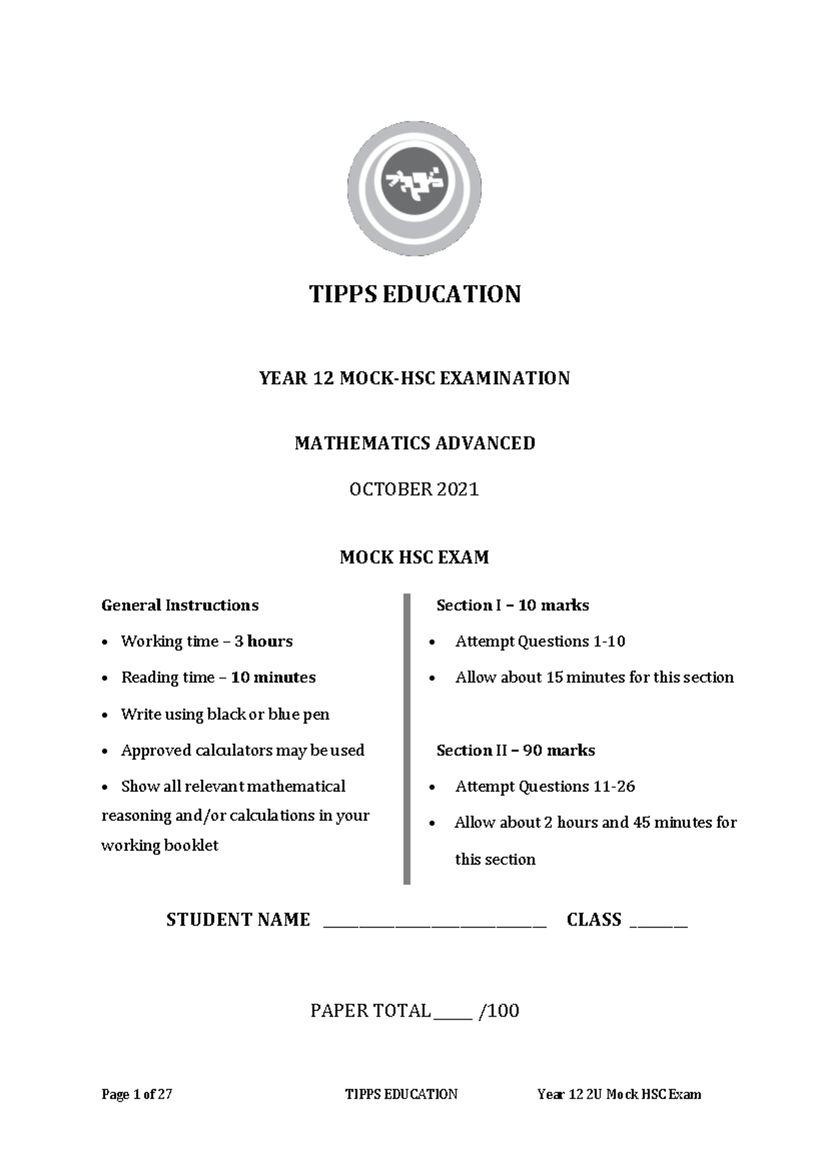 Year 12 2U Mock Exam - 10 - fffa - TIPPS EDUCATION YEAR 12 MOCK-HSC ...