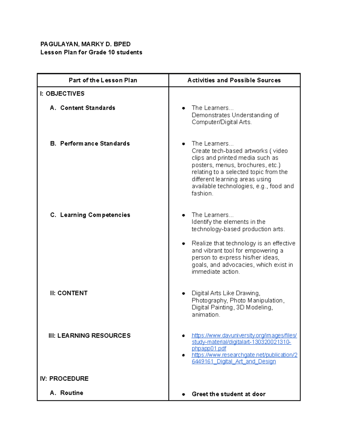 Learning Plan Digital Arts - PAGULAYAN, MARKY D. BPED Lesson Plan for ...