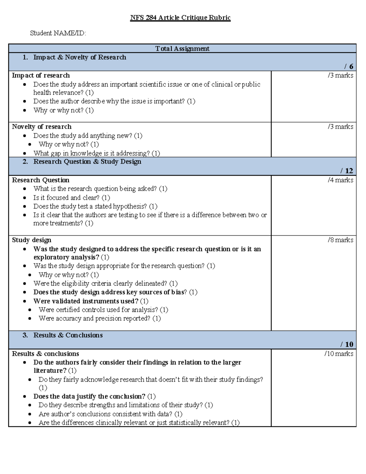 Critical Appraisal Assignment Rubric Student Copy - NFS 284 Article Critique Rubric Student NAME ...
