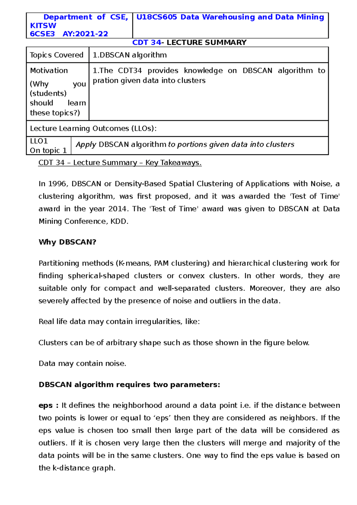 Data Mining 3 Notes Kitsw 6cse3 Ay2021 Cdt 34 Lecture Summary Topics Covered 1 Algorithm