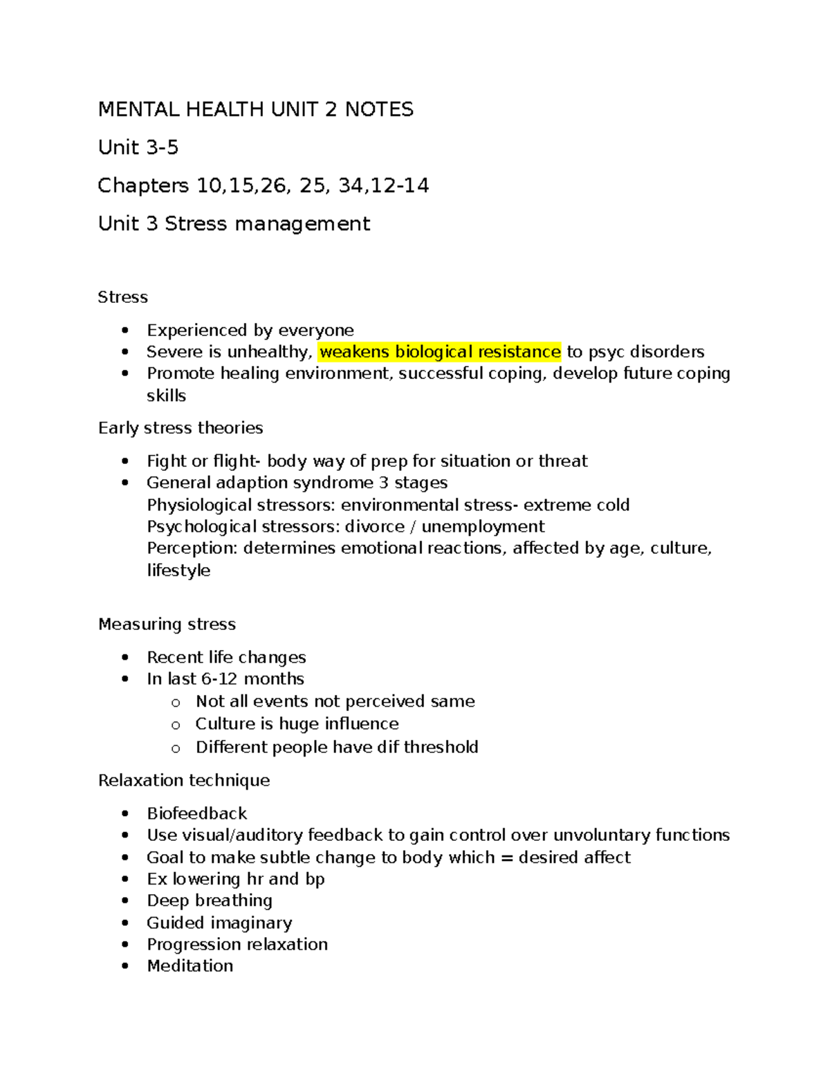 Mental Health UNIT 2 Notes - MENTAL HEALTH UNIT 2 NOTES Unit 3 ...